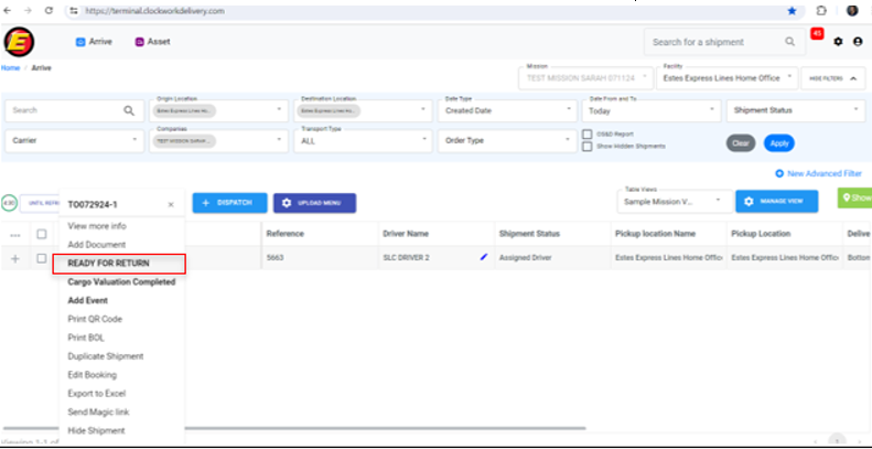 Creating Bobtail Return Orders – Clockwork Logistics Systems